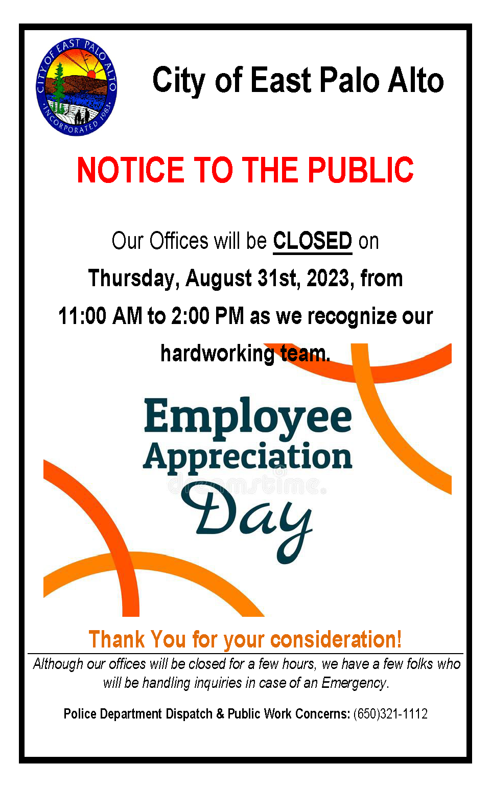 CLOSURE NOTICE TO THE PUBLIC - Staff Appreciation Day | City of East ...